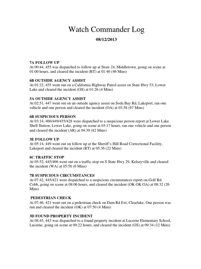 Daily Watch Commander Log 08/12/2013 | PDF | Criminal Justice | Crime ...