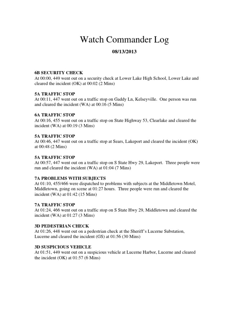 Lake County Sheriff's Watch Commander Logs | PDF | Traffic | Criminal ...