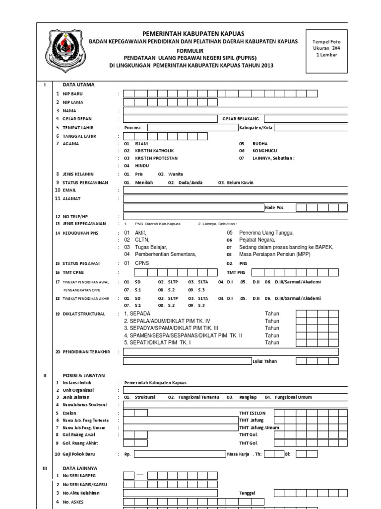 Formulir Pendataan Ulang Pegawai Negeri Sipil | PDF