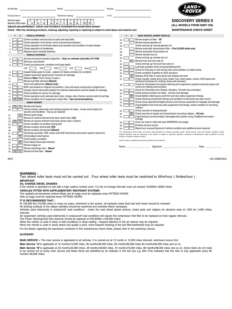 LandRover Discovery Service Sheet | PDF | Leak | Transmission (Mechanics)