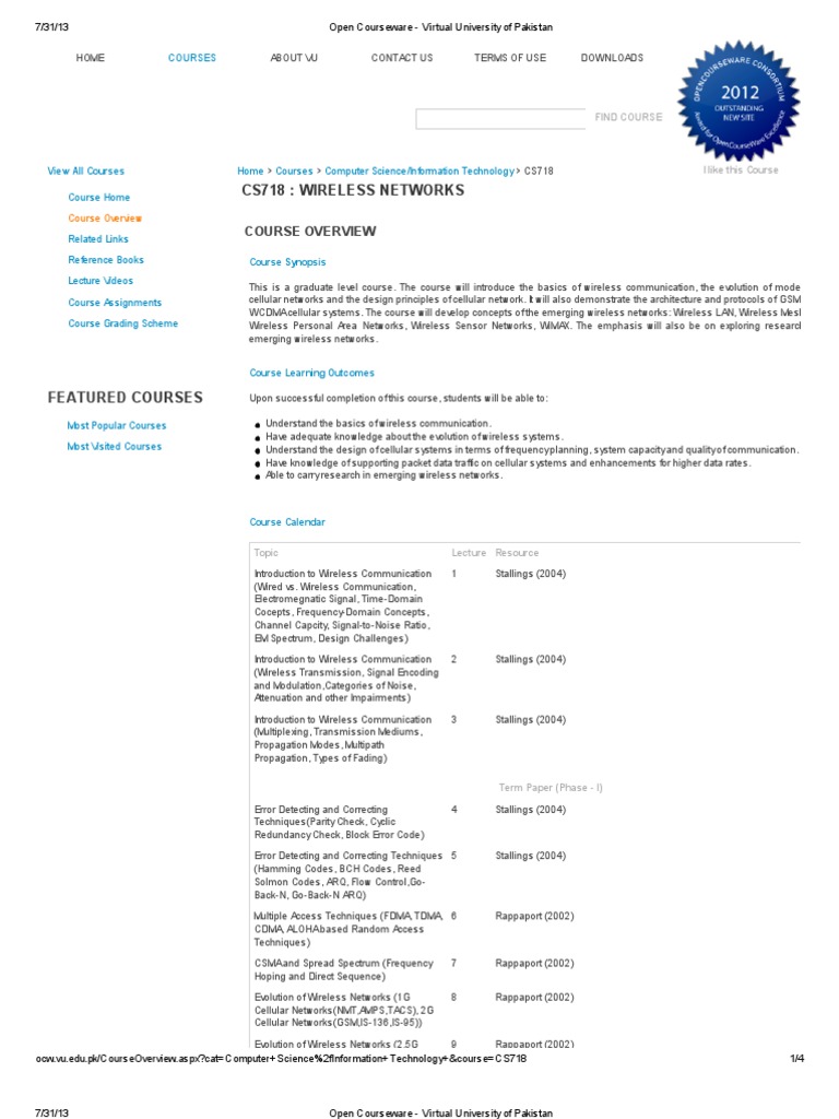Cs 718 Wireless Networks Syllabus - Virtual University of Pakistan ...