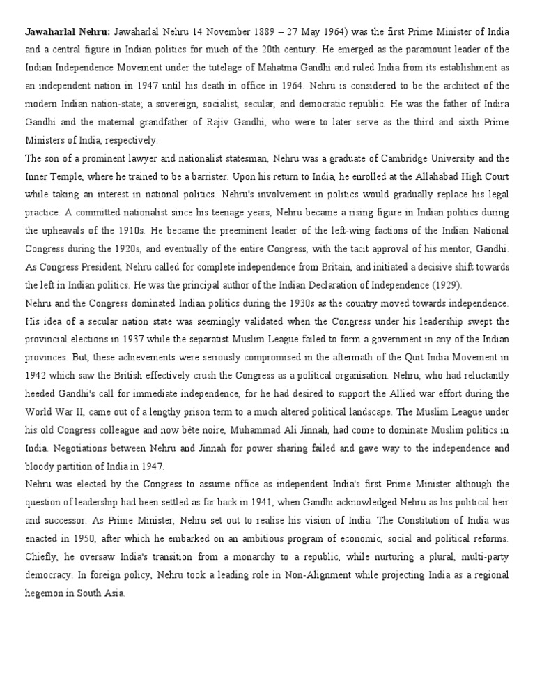 Jawaharlal Nehru Information | PDF | Jawaharlal Nehru | Indian National ...