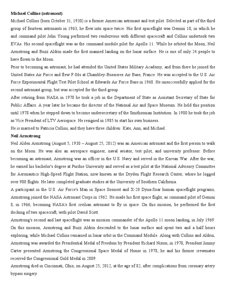 Michael Collins (Astronaut) Neil Armstrong Information | PDF | Neil ...