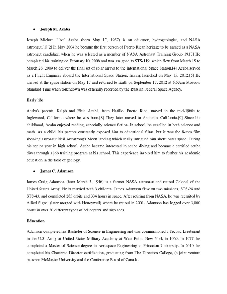 Sunita Williams Kalpana Chawla Joseph M. Acaba James C. Adamson ...