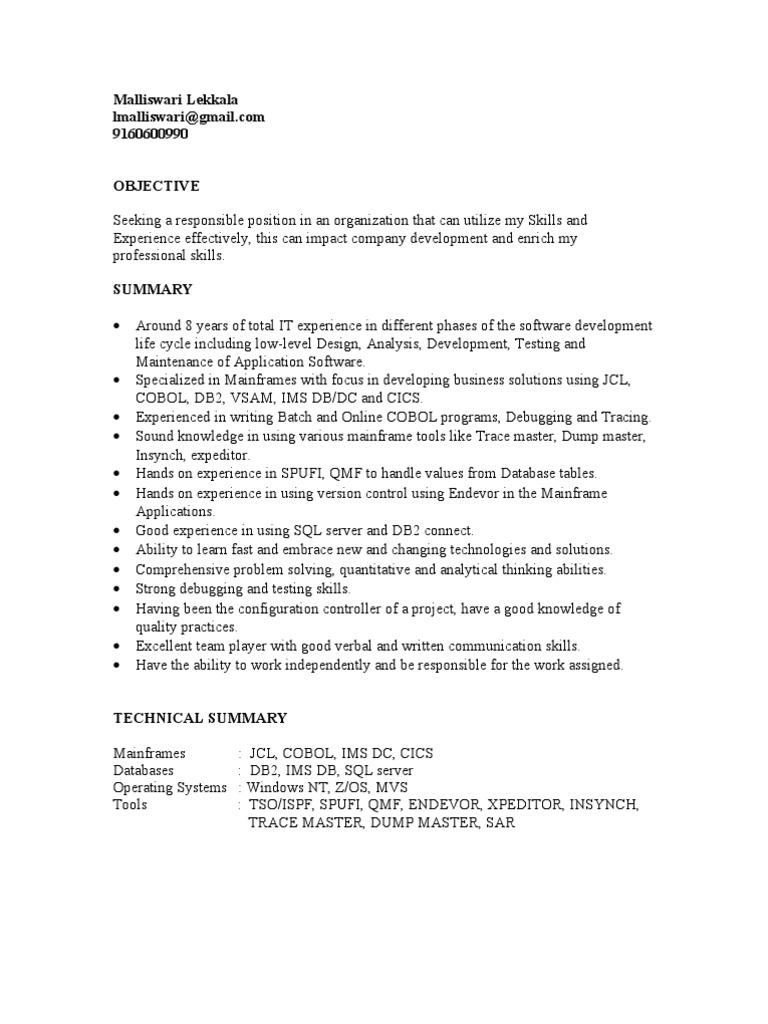 mainframe resume | Ibm Db2 | Computer Engineering