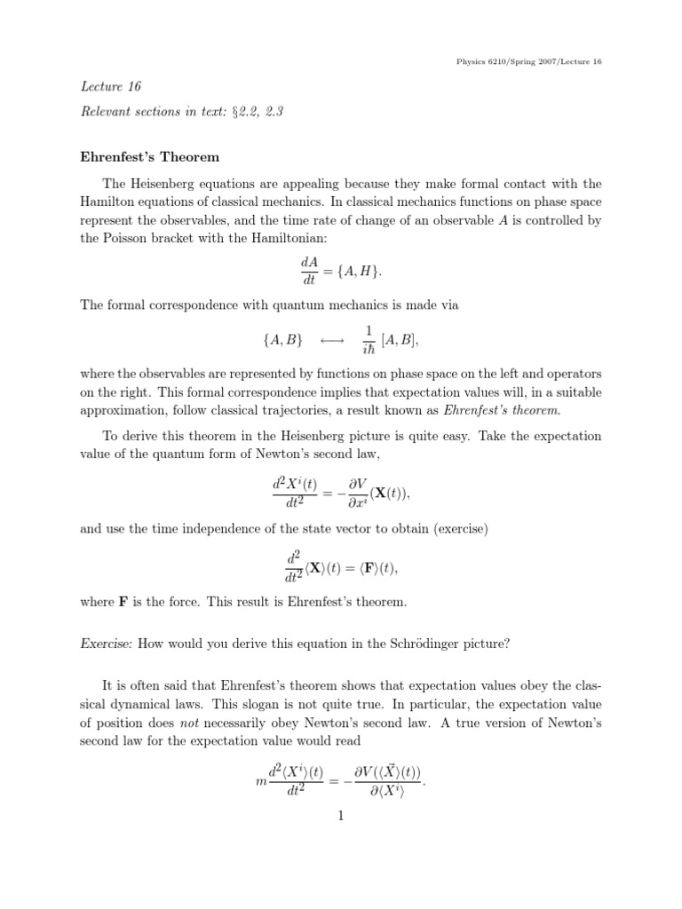 Ehrenfest’s Theorem | Hamiltonian Mechanics | Eigenvalues And Eigenvectors