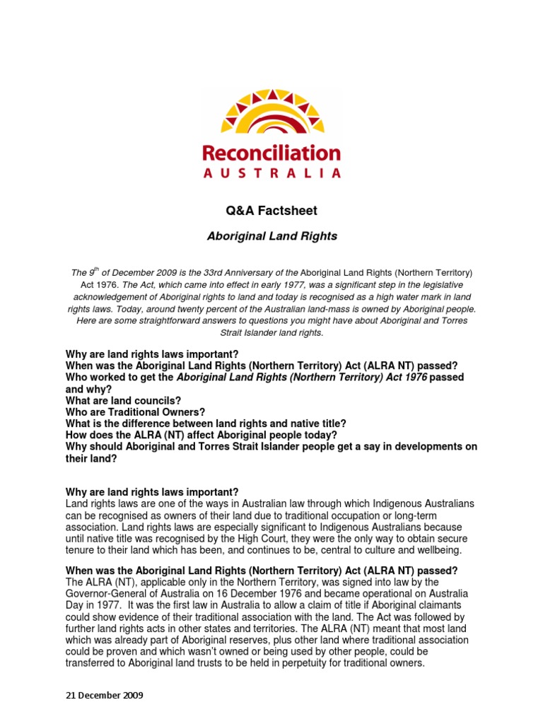 Aboriginal Land Rights Q&A Factsheet | PDF | Indigenous Australians ...