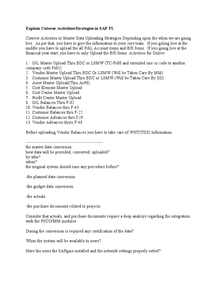 Explain Cutover Activities/Strategies in SAP FI | PDF | Accounts ...