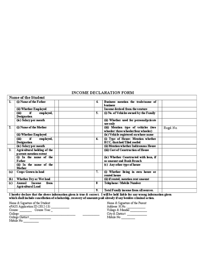 Student Income Declaration Form | PDF | Finance & Money Management | Law
