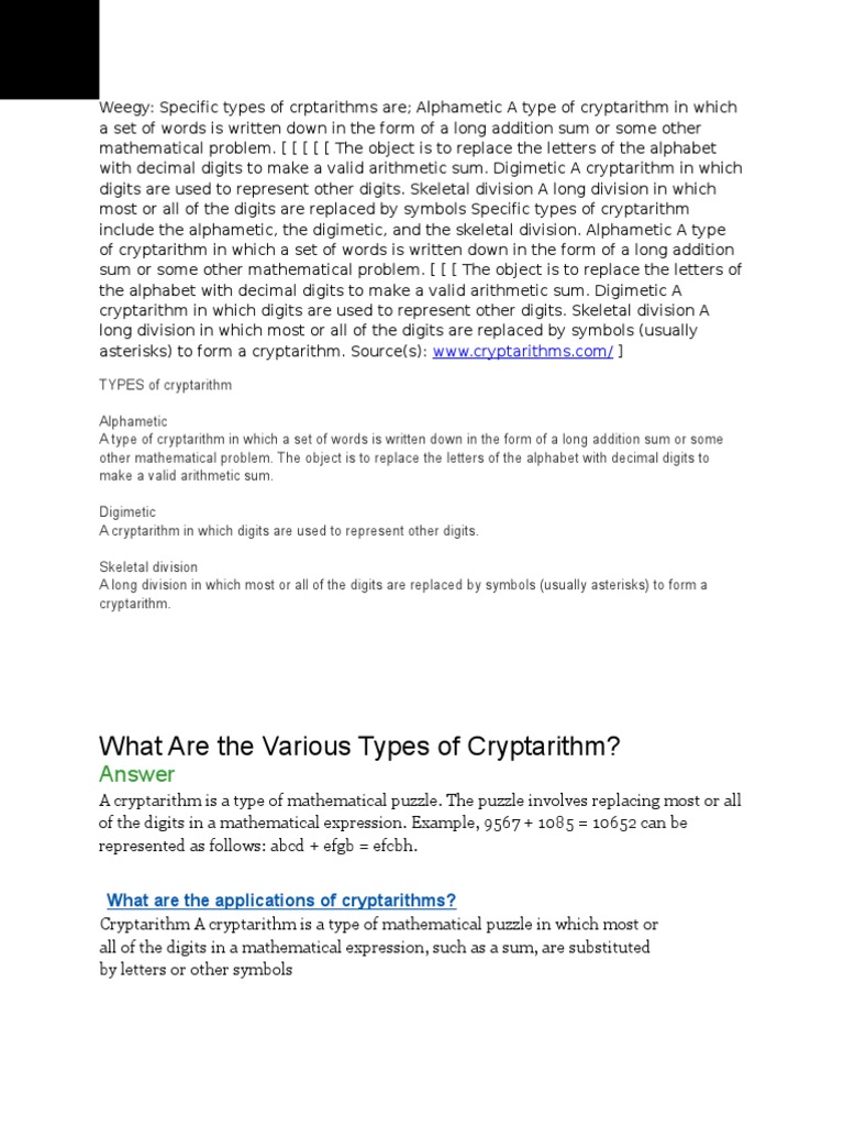 What Are The Various Types of Cryptarithm?: Answer | PDF