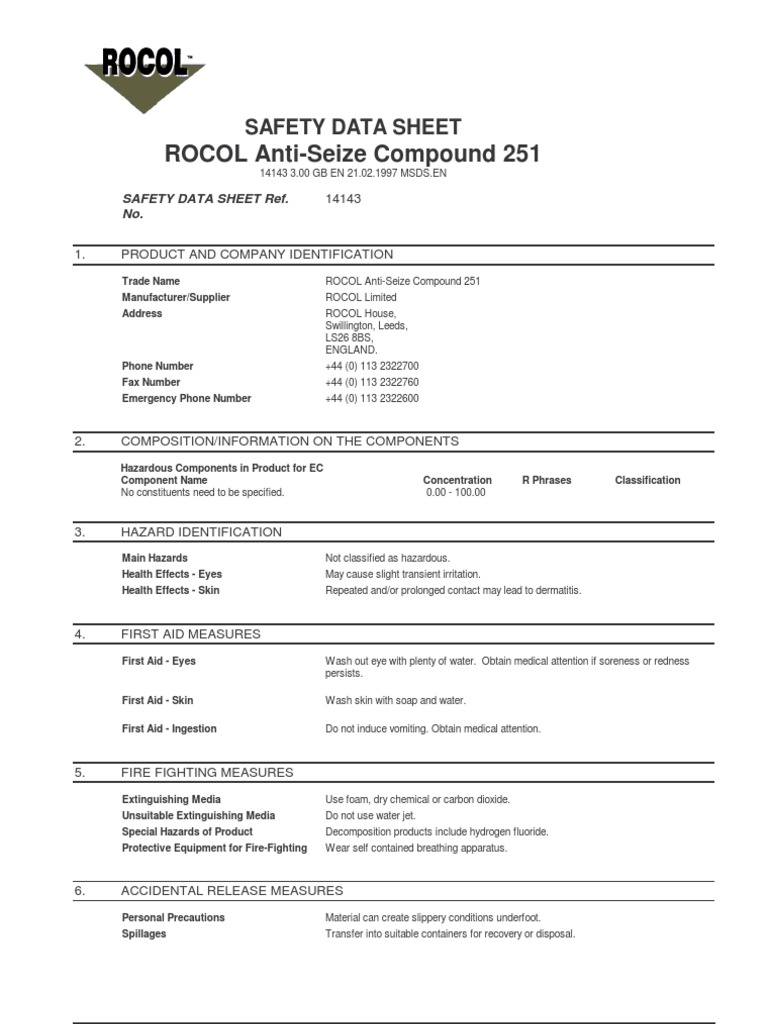 Rocol Anti-Seize Compound 251 SDS | PDF | Safety | Materials