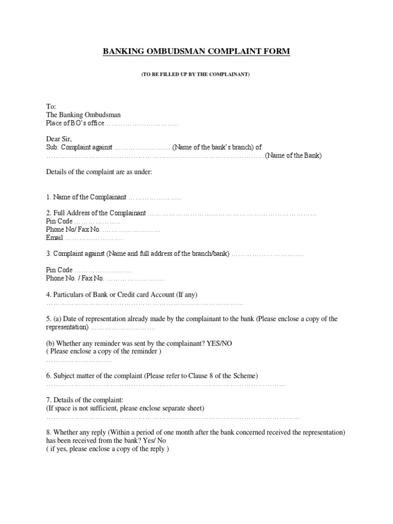 Banking Ombudsman Compaint Form | PDF | Complaint | Common Law