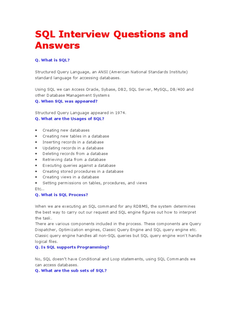 SQL Interview Questions and Answers: Q. What Is SQL? | PDF | Microsoft ...