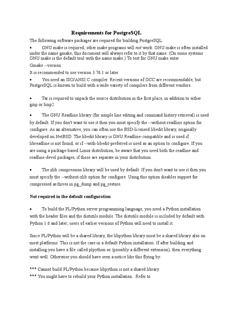 PostgreSQL Build Requirements Guide | PDF | Postgre Sql | Unix