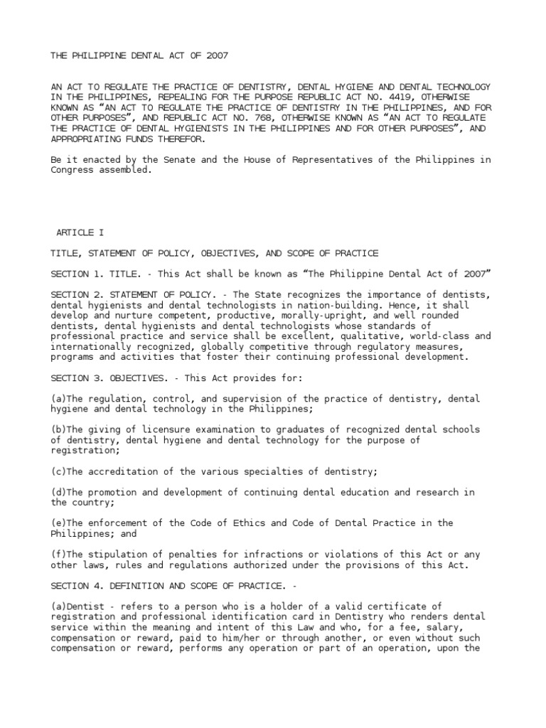 THE PHILIPPINE DENTAL ACT OF 2007 (Philippine Dental Act 9484) | PDF ...
