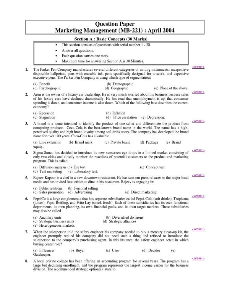 Question Paper Marketing Management (MB-221) : April 2004: Section A ...