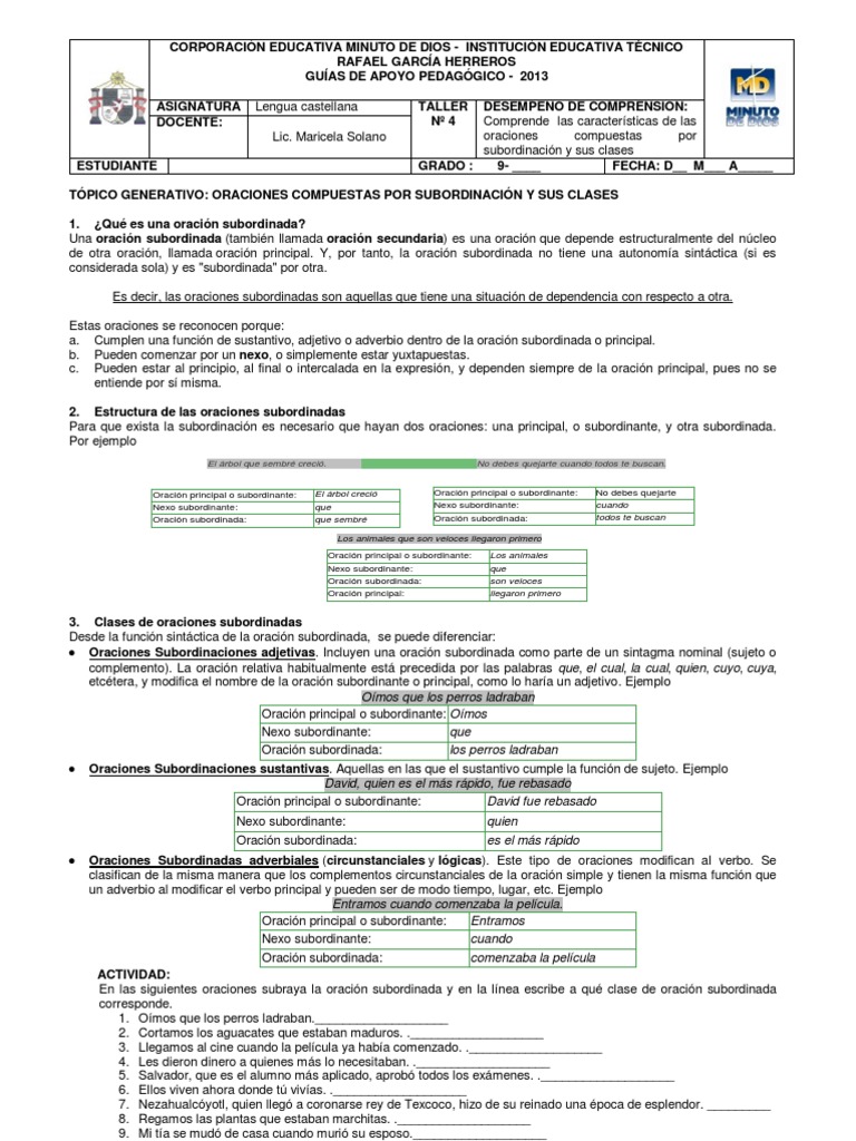 Ejercicio sobre oraciones subordinadas | PDF | Oración (Lingüística ...