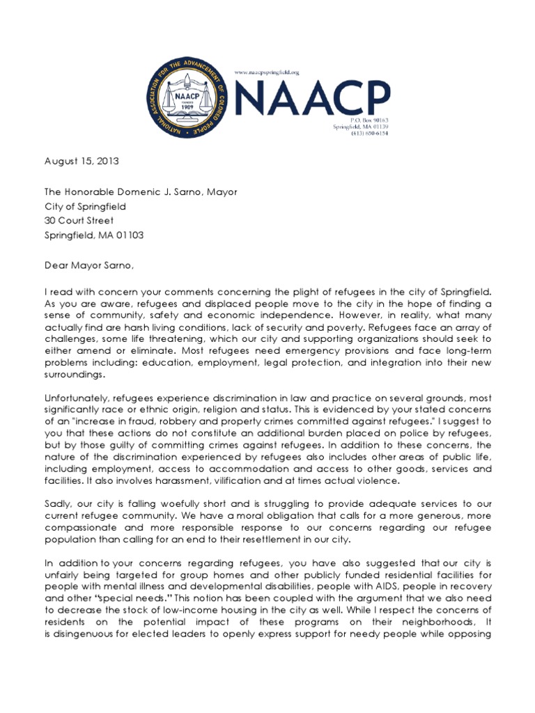 NAACP Letter To Mayor Domenic Sarno Regarding Refugees | PDF | Group ...