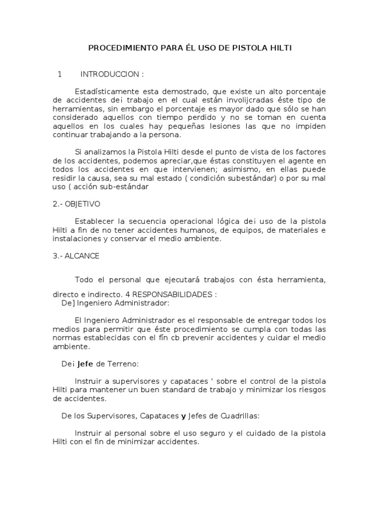 PROCEDIMIENTO PARA ├ëL USO DE PISTOLA HILTI | PDF | Pistola | Herramientas