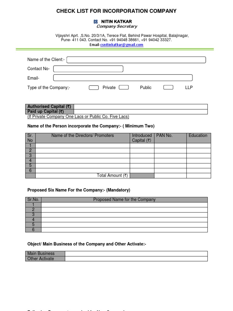 Incorporation Checklist for Companies | PDF