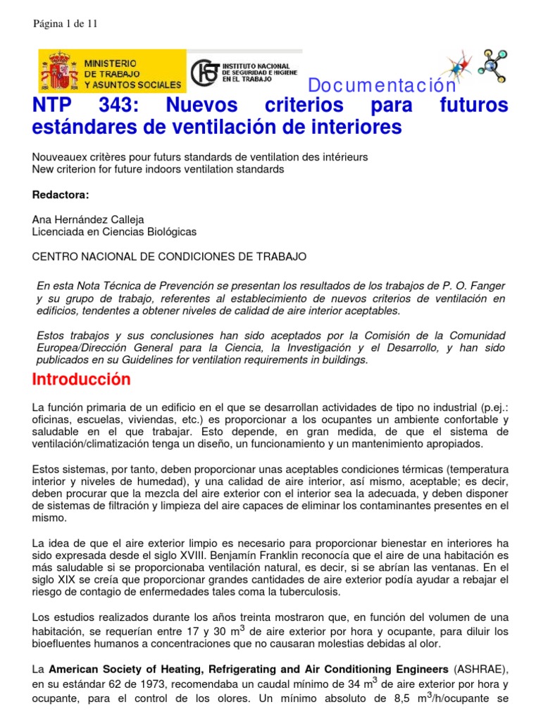 NTP 343 Criterios para Est Ndares de Ventilaci N Interior | PDF | Contaminación | La ...
