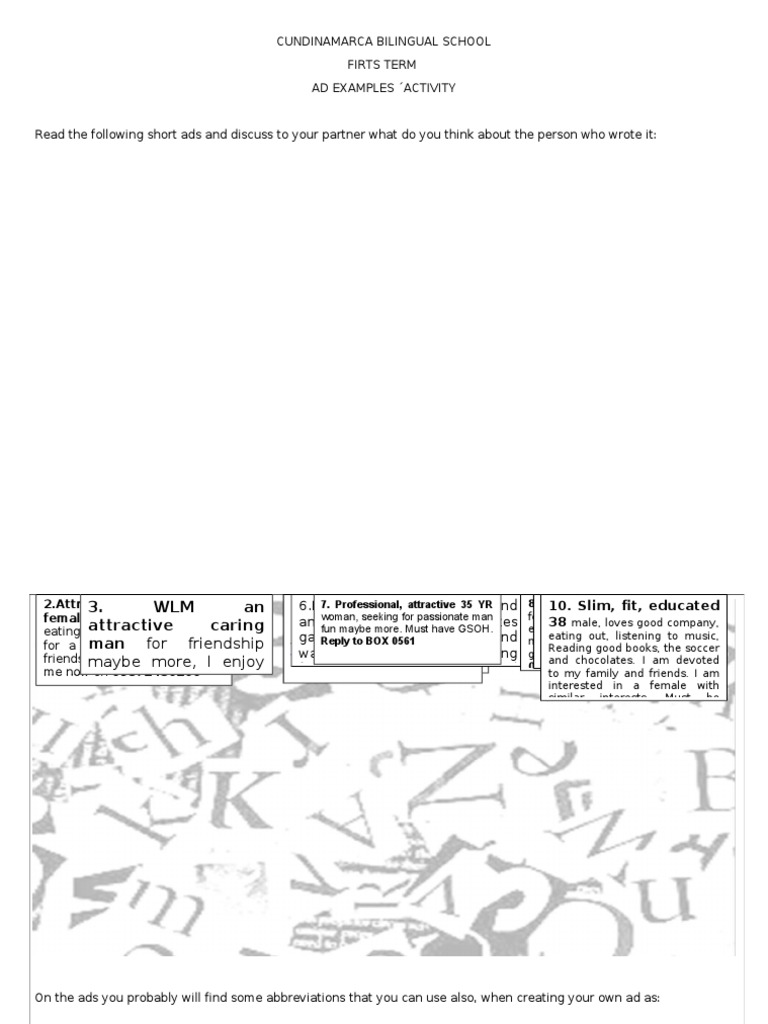 Cundinamarca Bilingual School Firts Term Ad Examples Activity | PDF ...