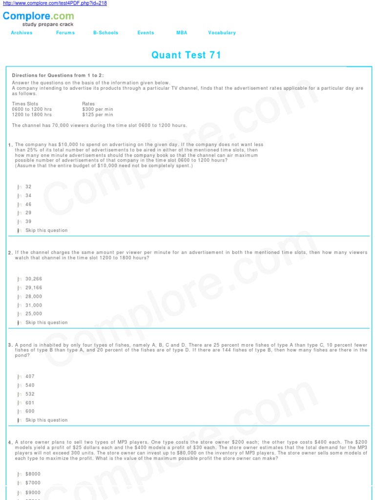 CAT 2009 Quant Test 71 | PDF | Profit (Economics) | Business
