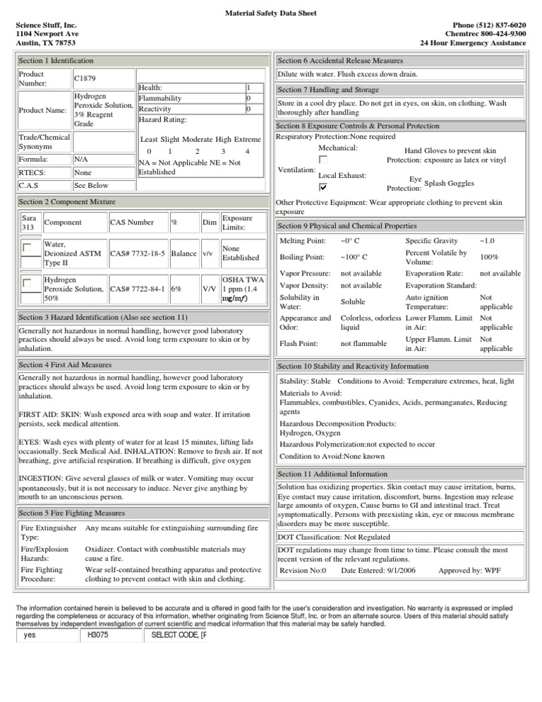 Material Safety Data Sheet for 3% Hydrogen Peroxide Solution: Product ...