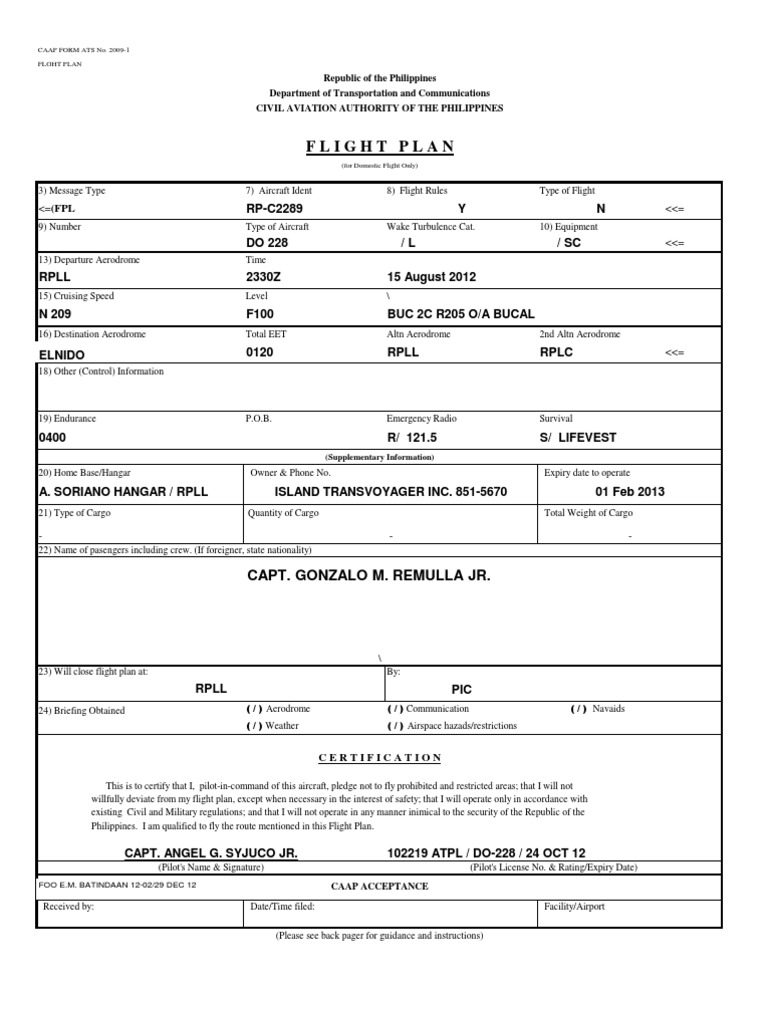 Blank Flight Plan Form | Aerodrome | Airport