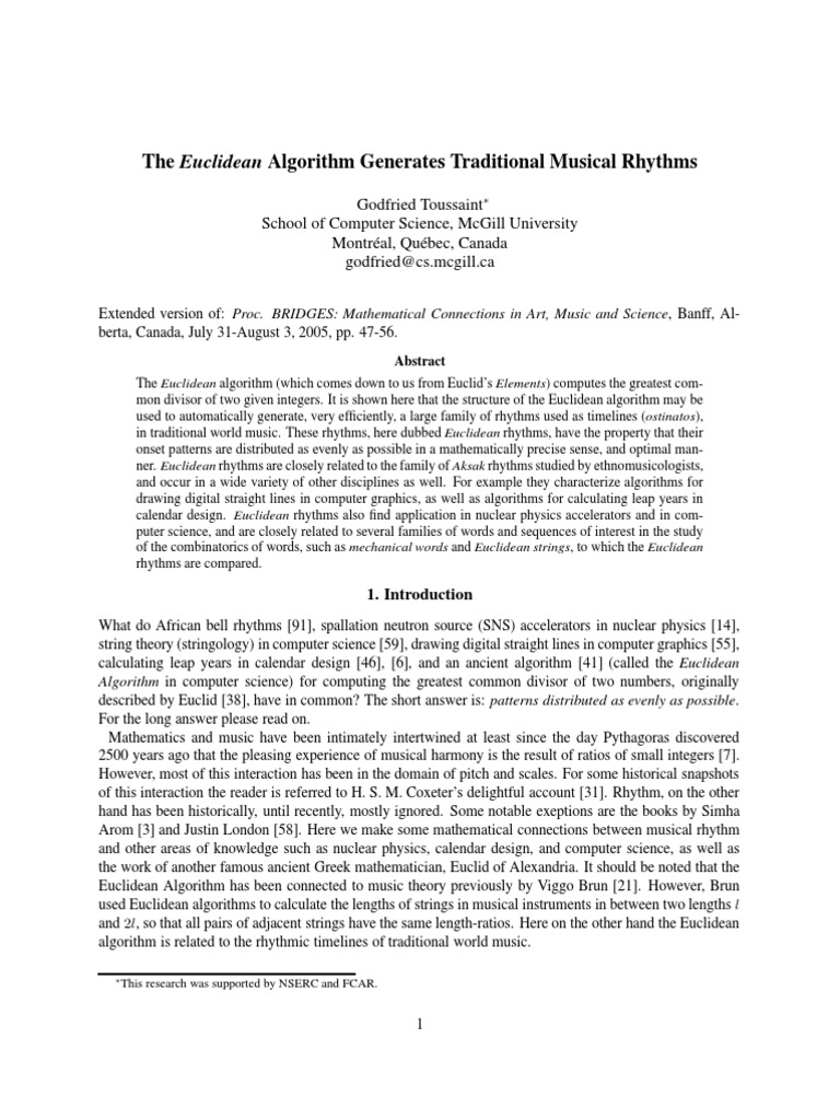 The Euclidean Algorithm Generates Traditional Musical Rhythms Pdf Algorithms Rhythm 1540