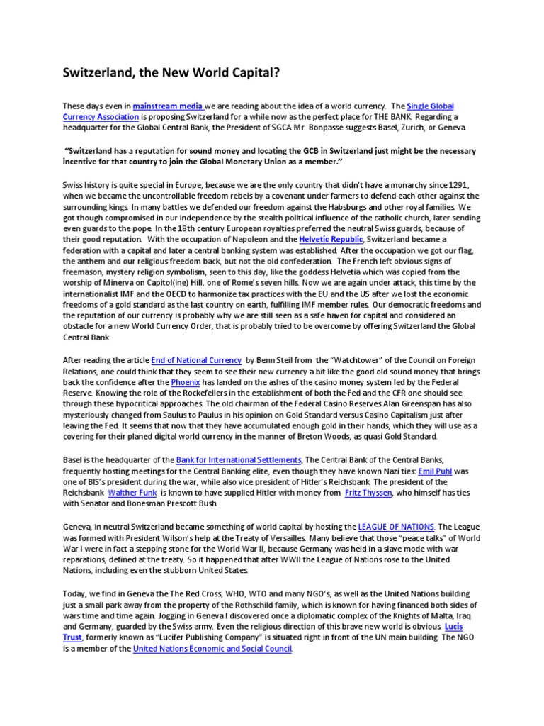 Switzerland, The New World Capital? | PDF | Switzerland | Bank For ...