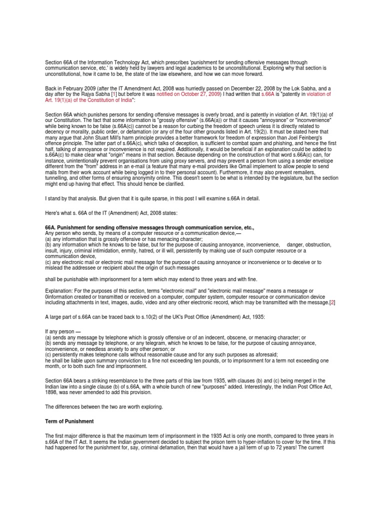 Section 66A of The Information Technology Act | PDF | Freedom Of Speech ...