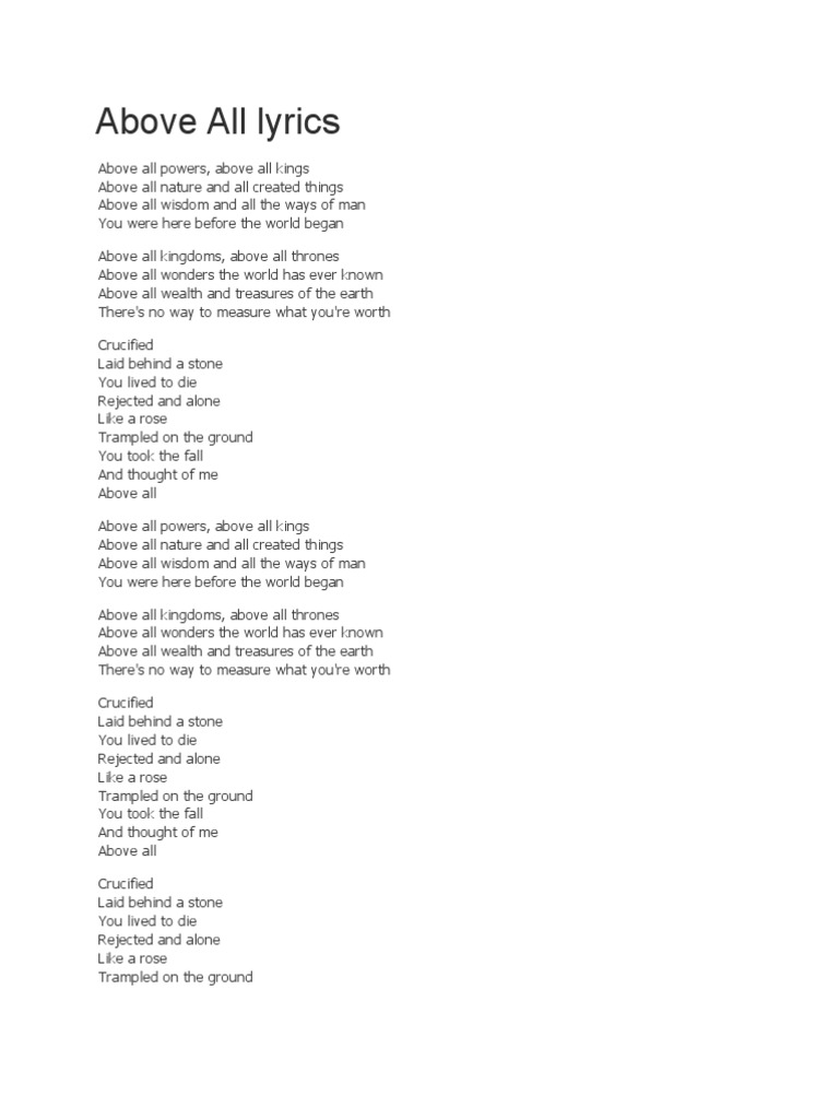 Above All Lyrics Overview | PDF | Religion & Spirituality | Poetry