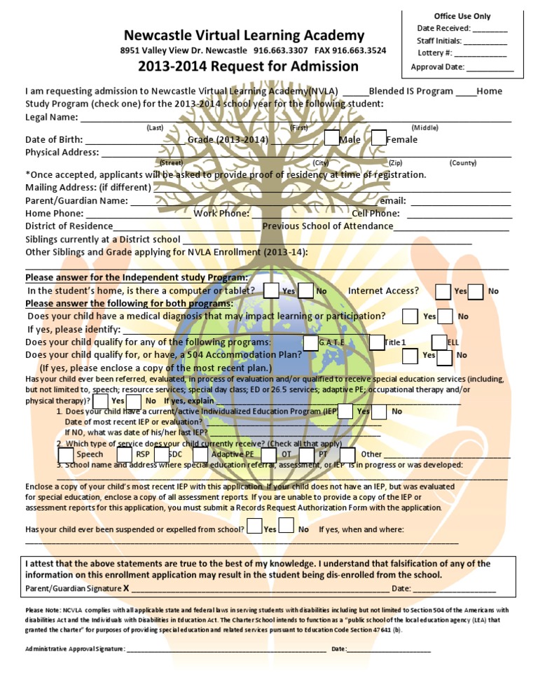 NVLA Admission Request Form 2013-2014 | PDF | Individualized Education ...