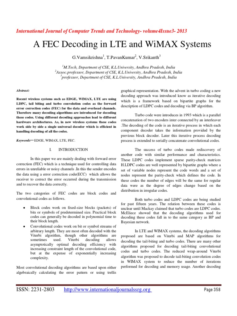 A FEC Decoding in LTE and WiMAX Systems | PDF | Forward Error Correction | Low Density Parity ...