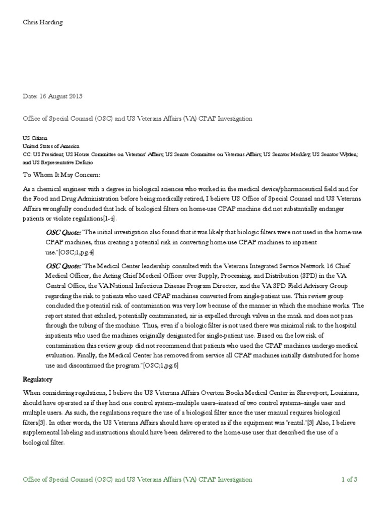 Office of Special Counsel (OSC) and US Veterans Affairs (VA) CPAP ...