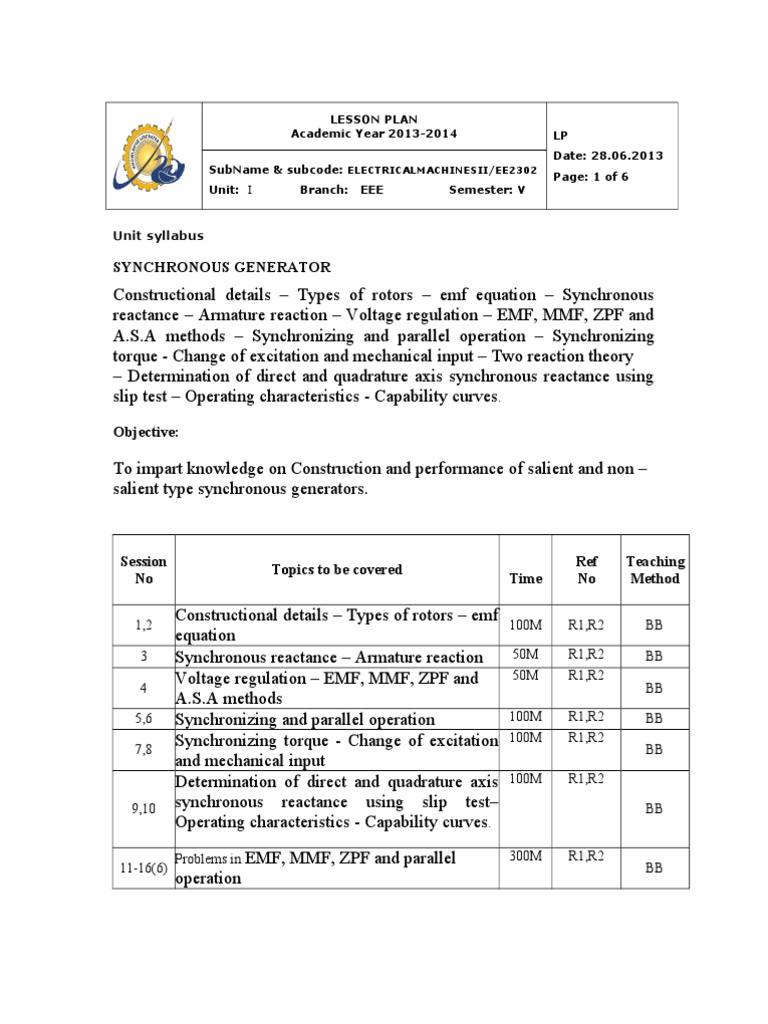 Lesson Plan For Electrical Machines From Tejaa Shakthi | PDF ...