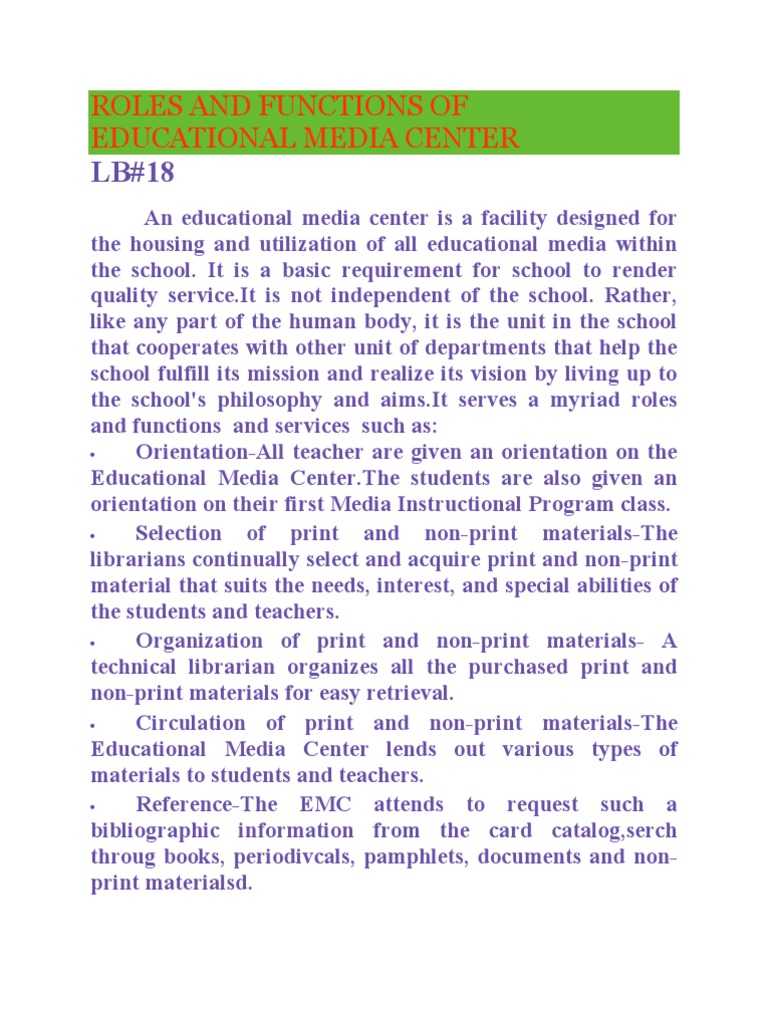 Roles and Functions of Educational Media Center | PDF | Librarian ...
