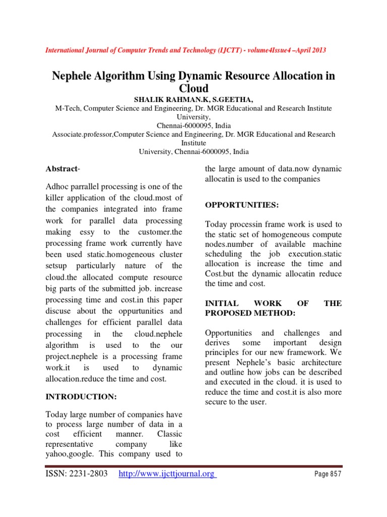 Nephele Algorithm Using Dynamic Resource Allocation In Cloud Pdf Scheduling Computing