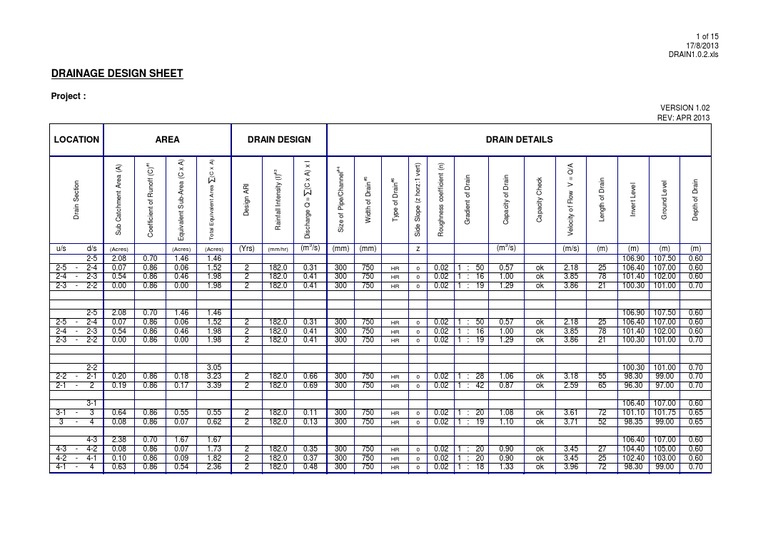 Drainage Design Calculation Sheet | PDF | Technology & Engineering