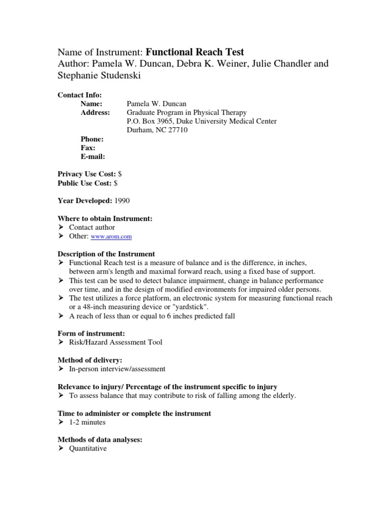 Functional Reach Test | PDF | Sensitivity And Specificity | Health Sciences