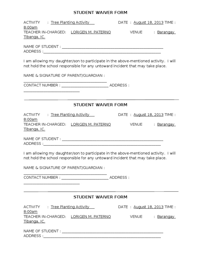 Student Waiver for Tree Planting Activity | PDF