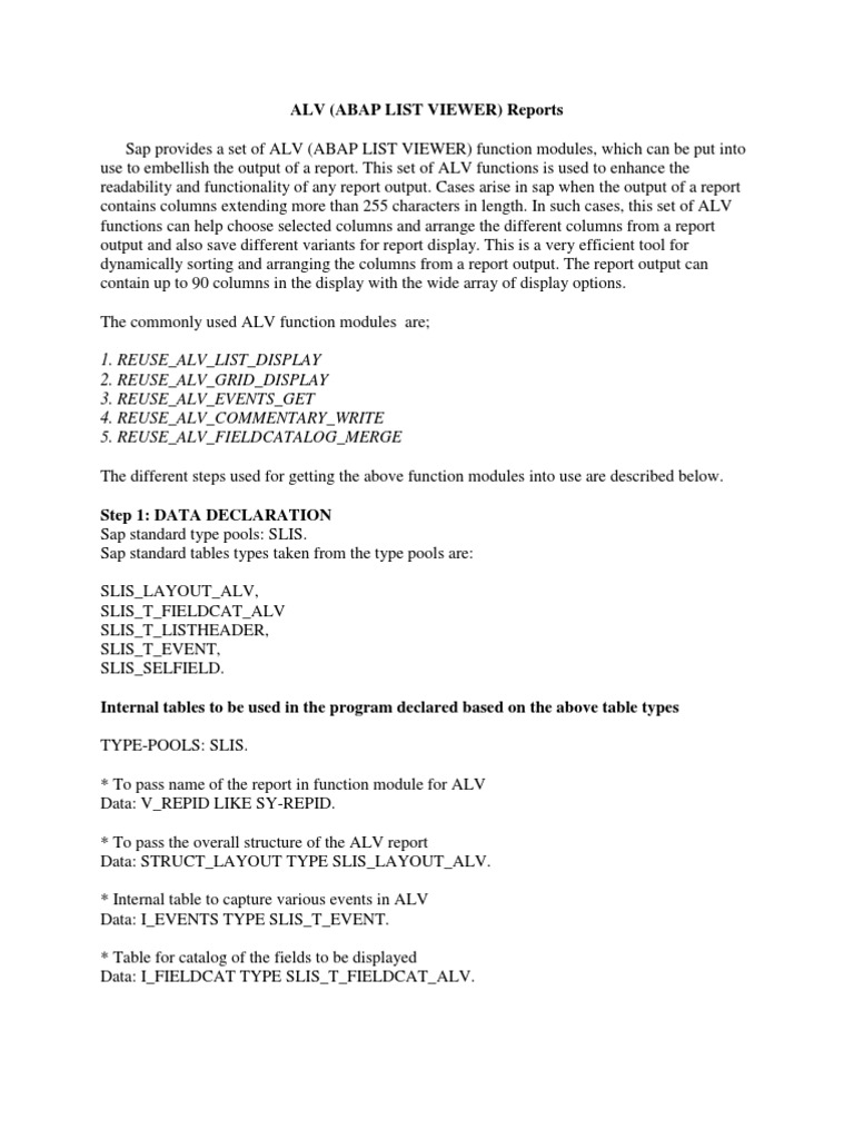 Alv (Abap List Viewer) Reports | PDF | Parameter (Computer Programming) | Subroutine