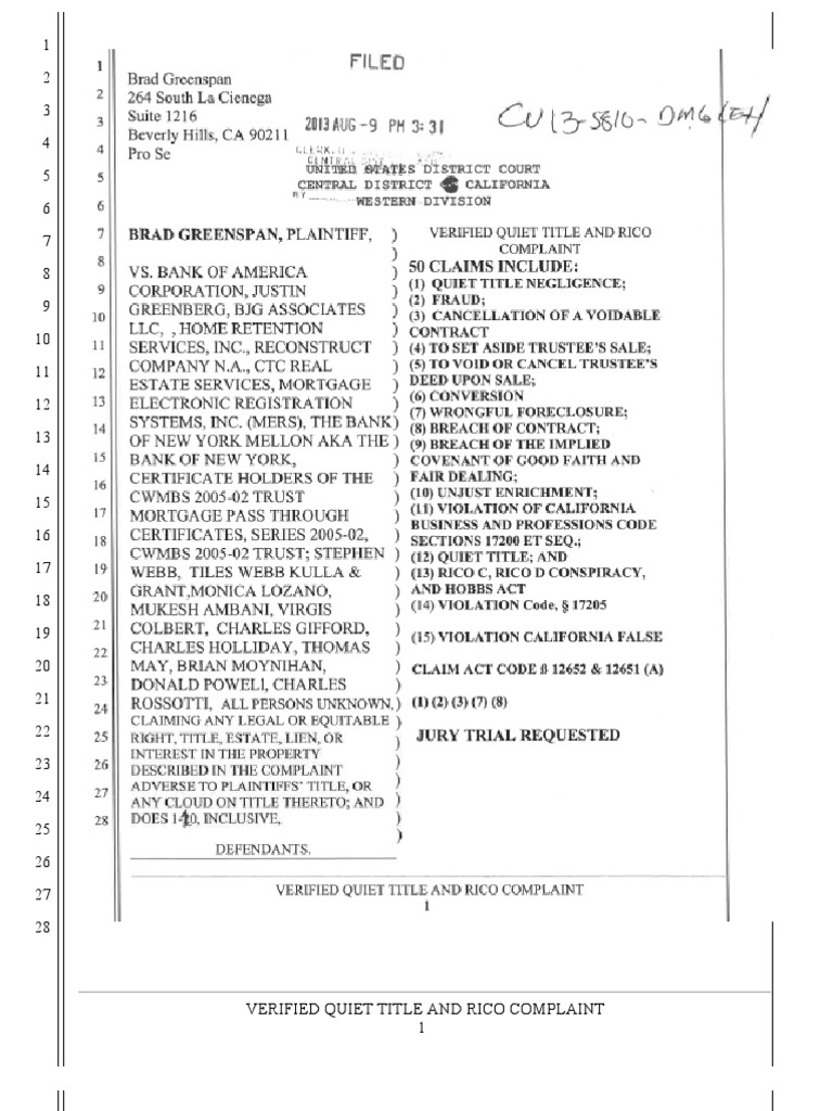 August 9, 2013 Federal RICO Complaint To Add 2260 Defendant Ryder Ray ...