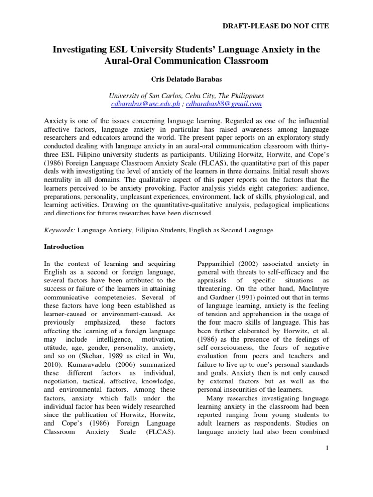 Investigating ESL University Students' Language Anxiety in The Aural ...
