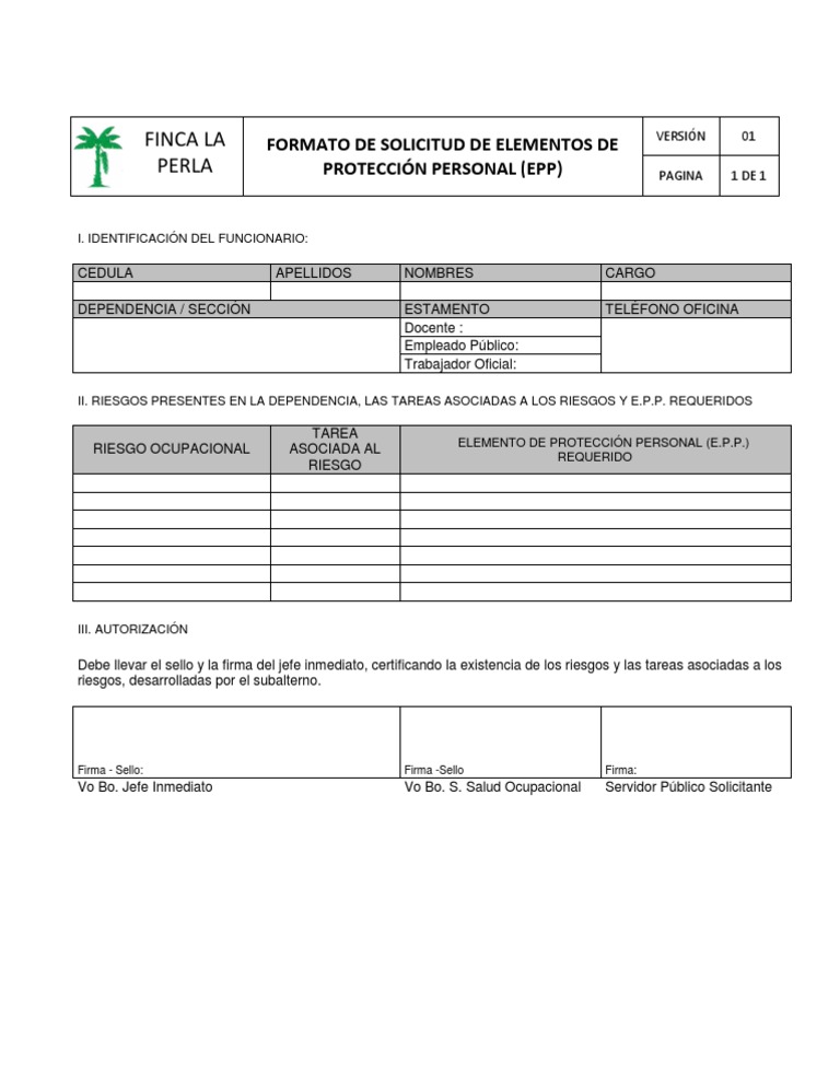 FORMATO DE SOLICITUD DE ELEMENTOS DE PROTECCIÓN PERSONAL (EPP)