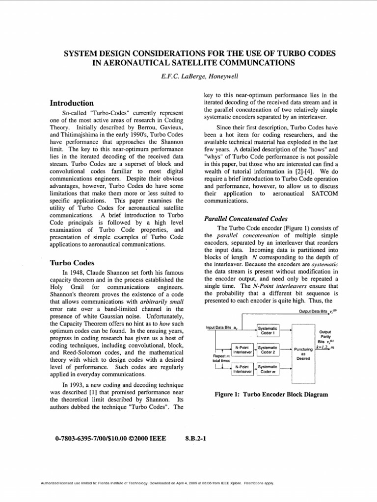 System Design Considerations For The Use Turbo Codes in Aeronautical Satellite Communcations ...
