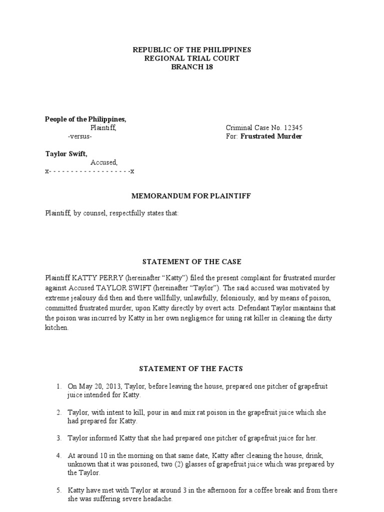 Memo for Plaintiff.doc | Murder | Crimes