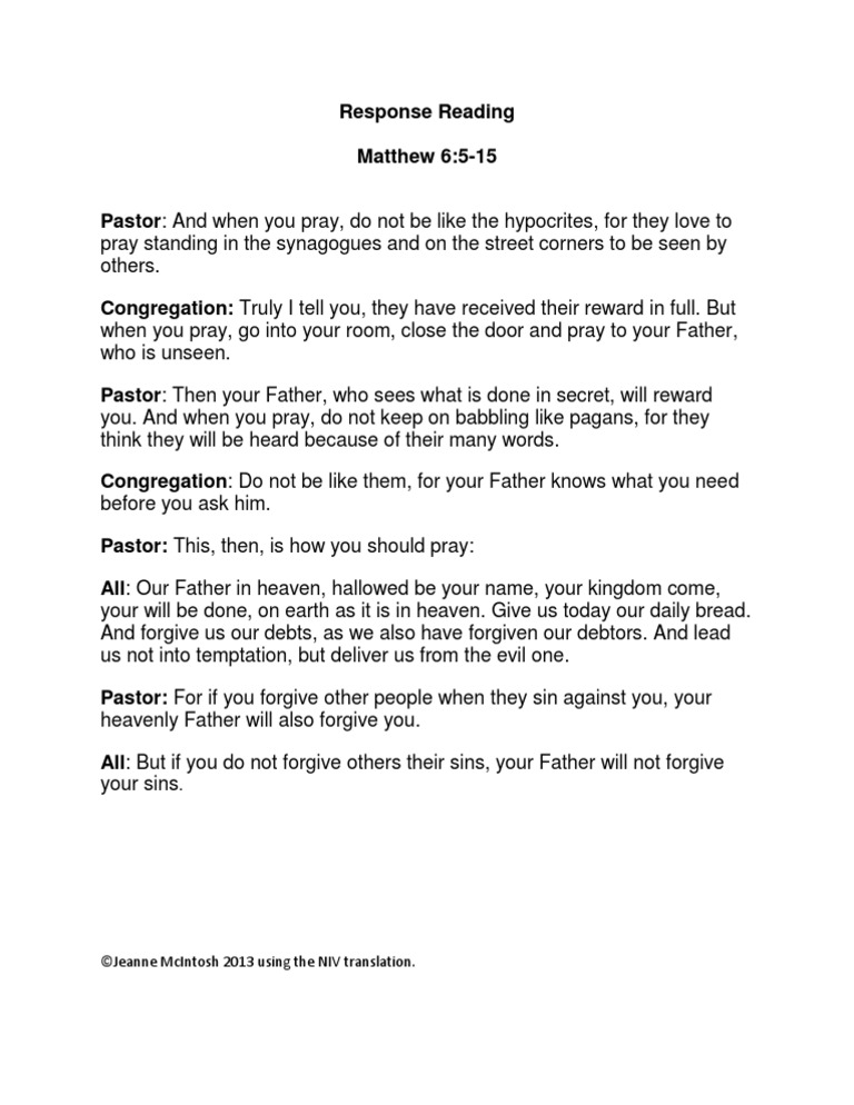 The Lord's Prayer Response Reading | PDF | Lord's Prayer | Religious ...