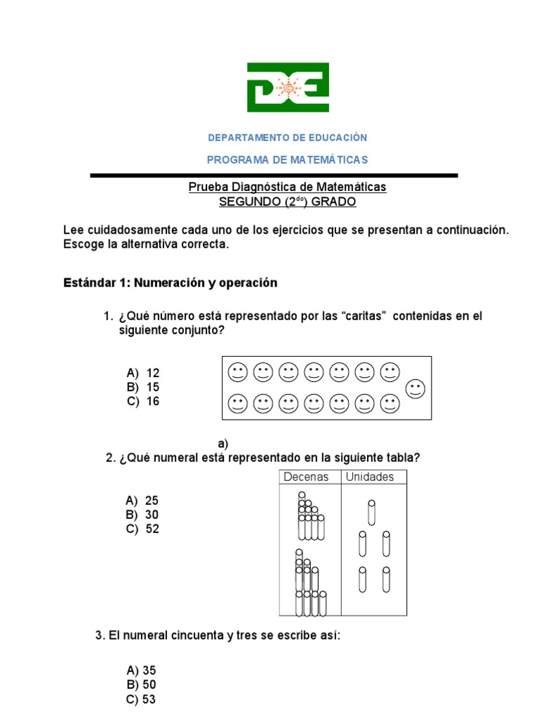 Prueba Diagnóstica de Matemáticas DE Segundo Grado